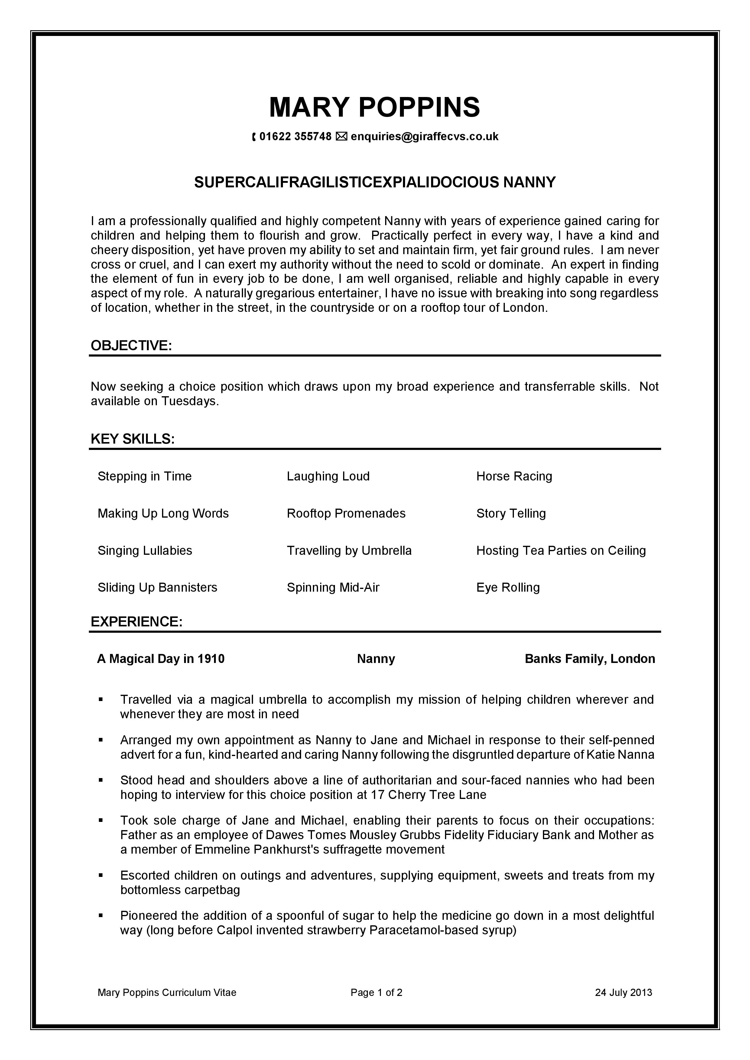 Mary Poppins CV Spoof Nanny CV Childcare CV Professional CV